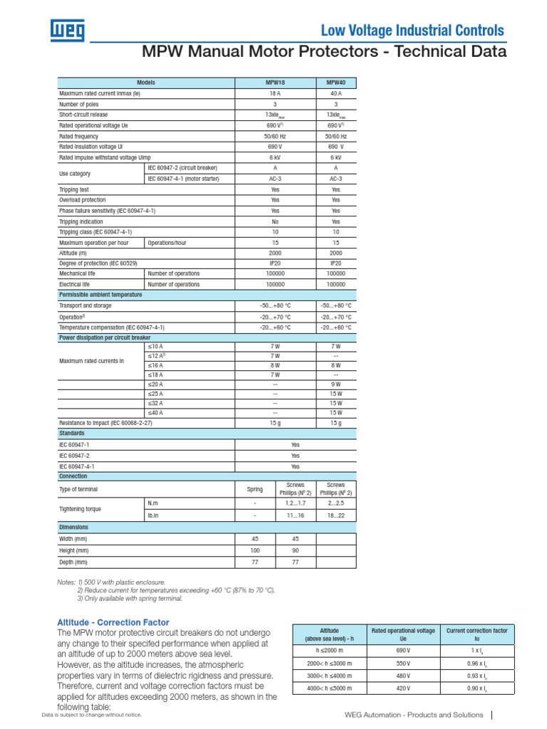MPW Manual Motor Protectors - Technical Data: Low Voltage Industrial ...