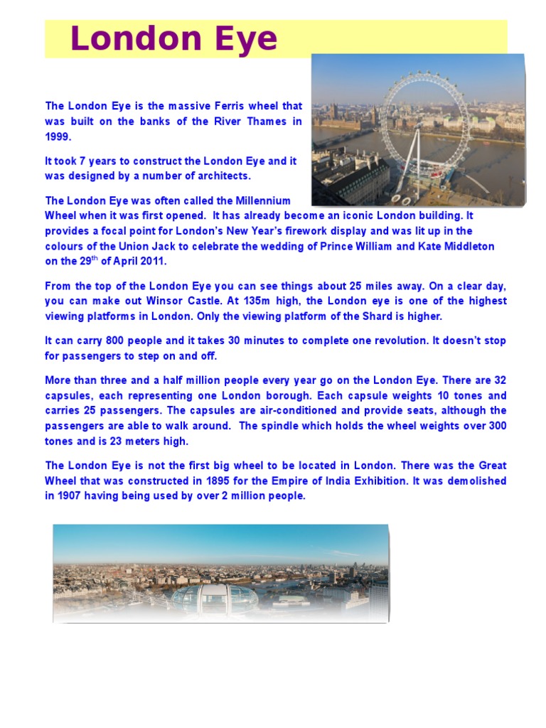 London Eye Text and Questions Reading Comprehension Exercises 106951 ...