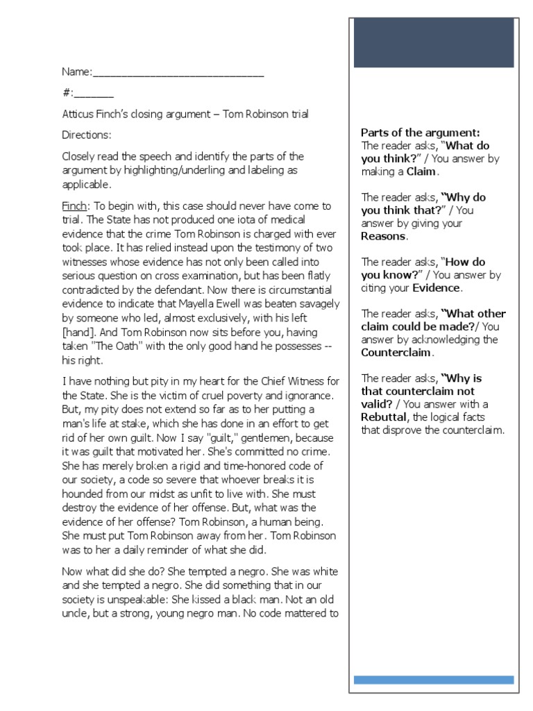 Atticus Finch's Closing Argument Analysis | PDF | Witness | Argument