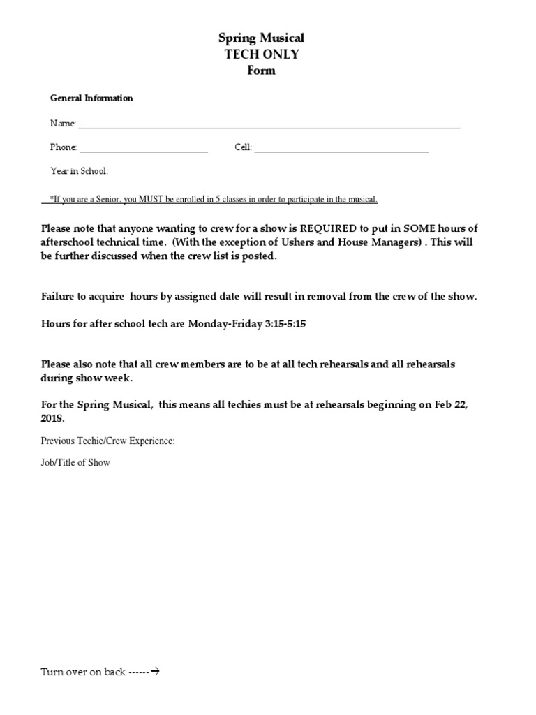 Spring Musical TECH Form 2017 | PDF | Audition