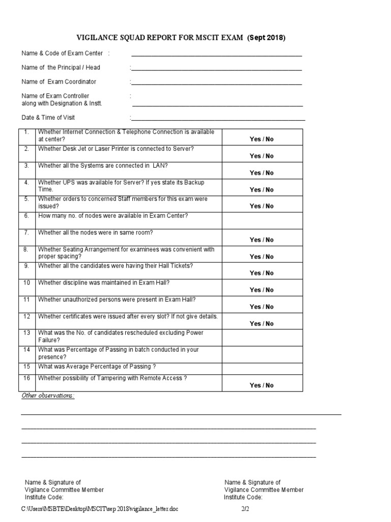 Vigilance Squad Report For Mscit Exam (Sept 2018) : Yes / No | PDF ...
