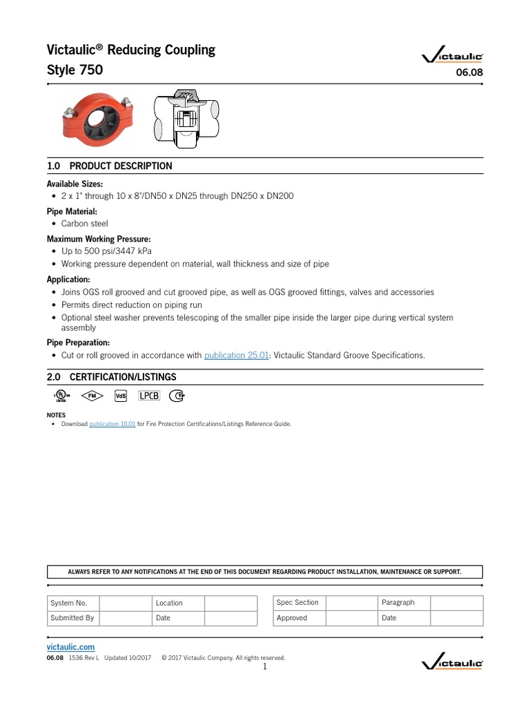 Victaulic Reducing Coupling Style 750: 1.0 Product Description | PDF ...