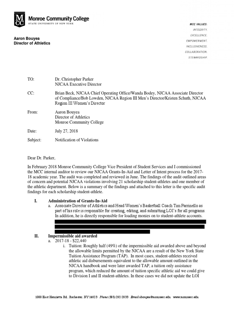 MCC Letter To National Junior College Athletic Association | PDF ...
