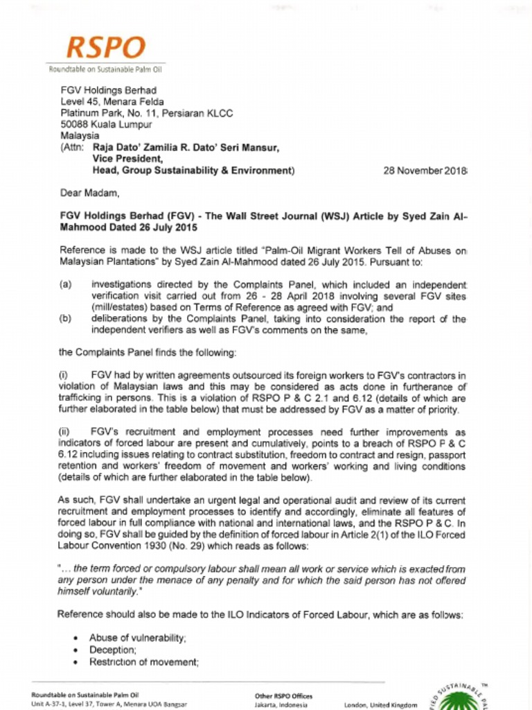 Decision Letter On Felda Sanctions | PDF
