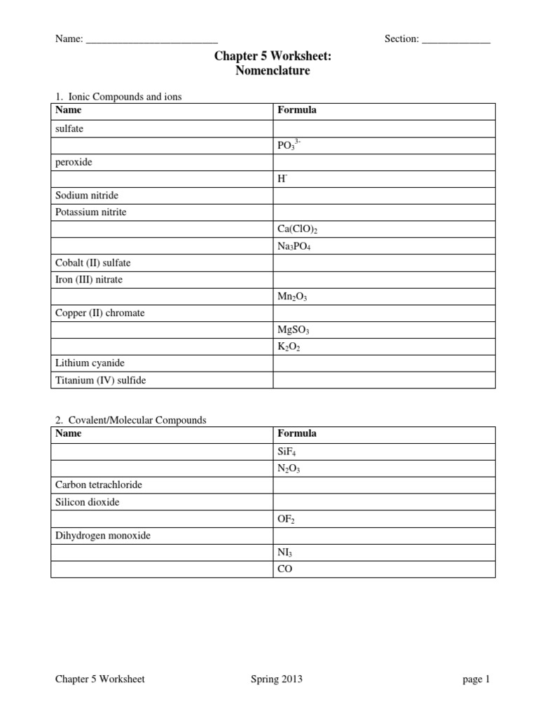 Chapter 5 Worksheet: Nomenclature: Name Formula | PDF