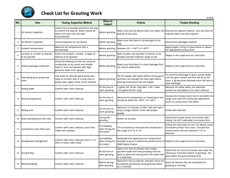 Grout Checking List | Pump | Gases