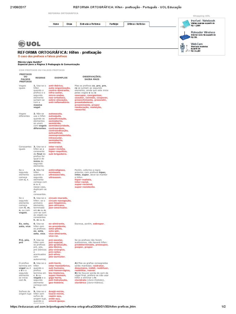 REFORMA ORTOGRÁFICA - Hífen - Prefixação - Português - UOL Educação ...