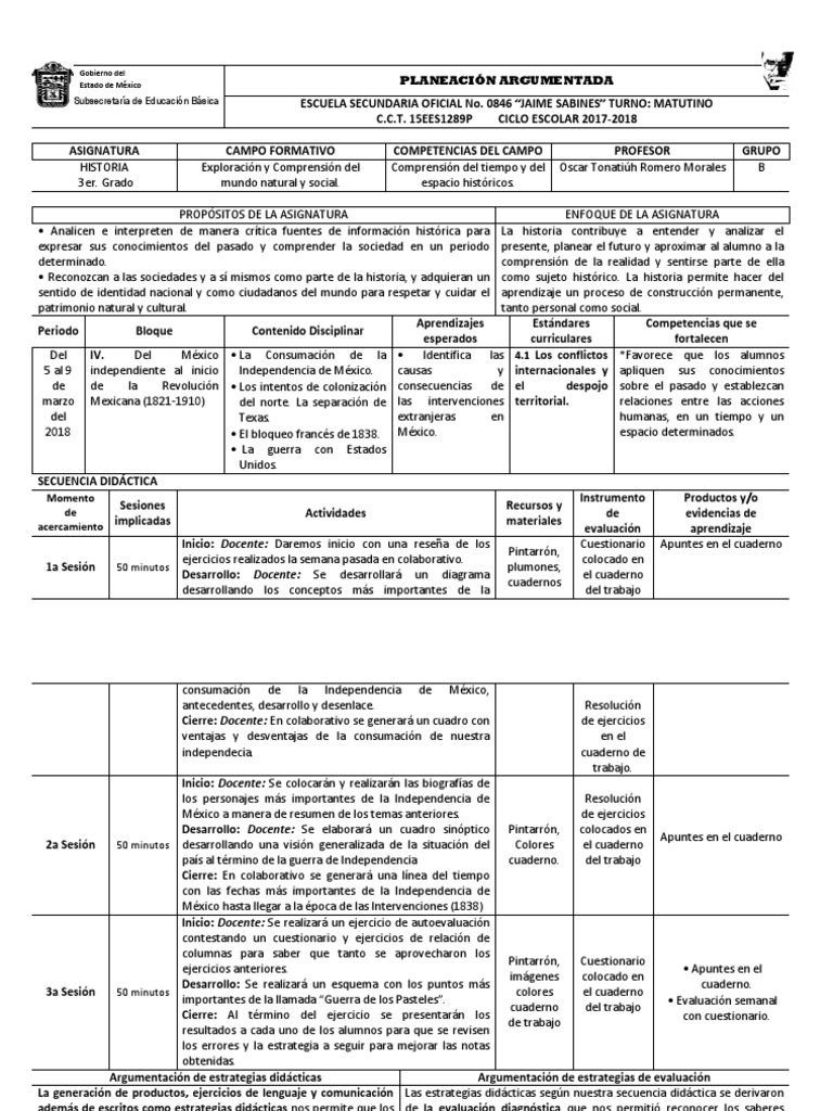 PLANEACION HISTORIA 3° 2017_2018 | Evaluación | México
