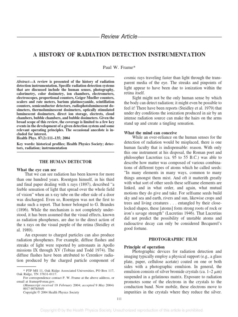 Frame2004 A HISTORY OF RADIATION DETECTION INSTRUMENTATION PDF | PDF ...