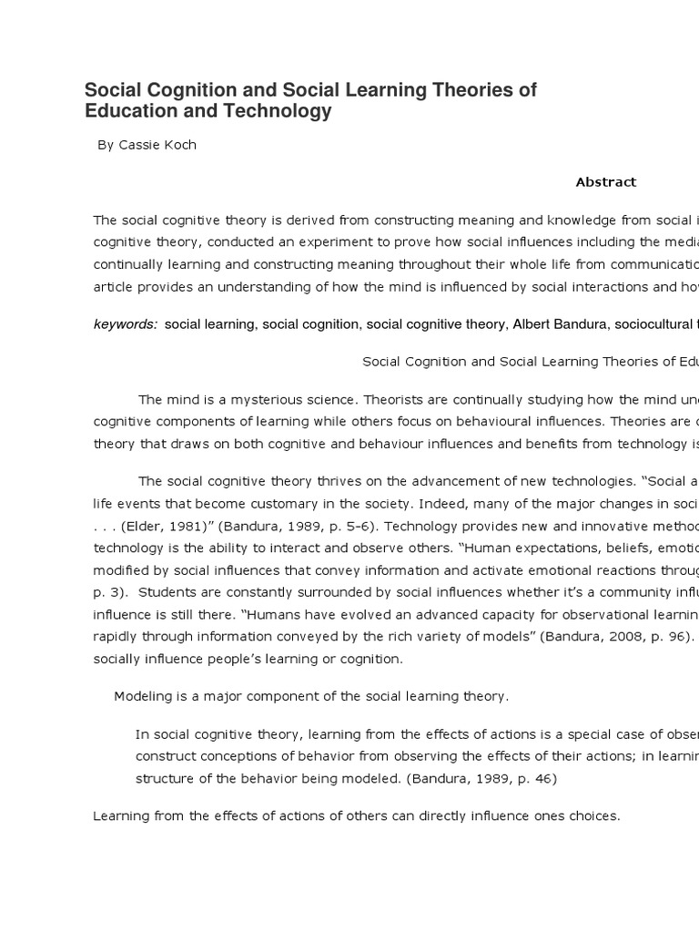 Social Cognition and Social Learning Theories of Education and ...