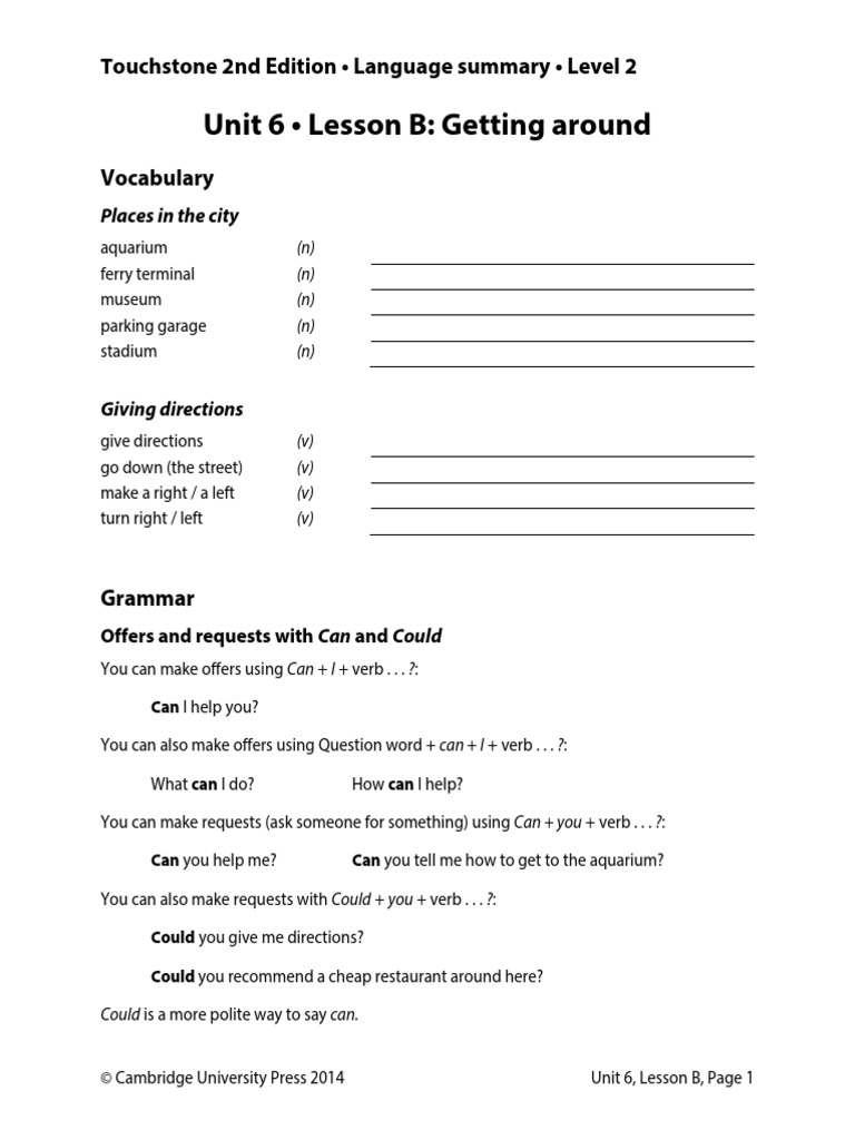 Unit 6 - Lesson B: Getting Around: Touchstone 2nd Edition - Language Summary - Level 2 | PDF