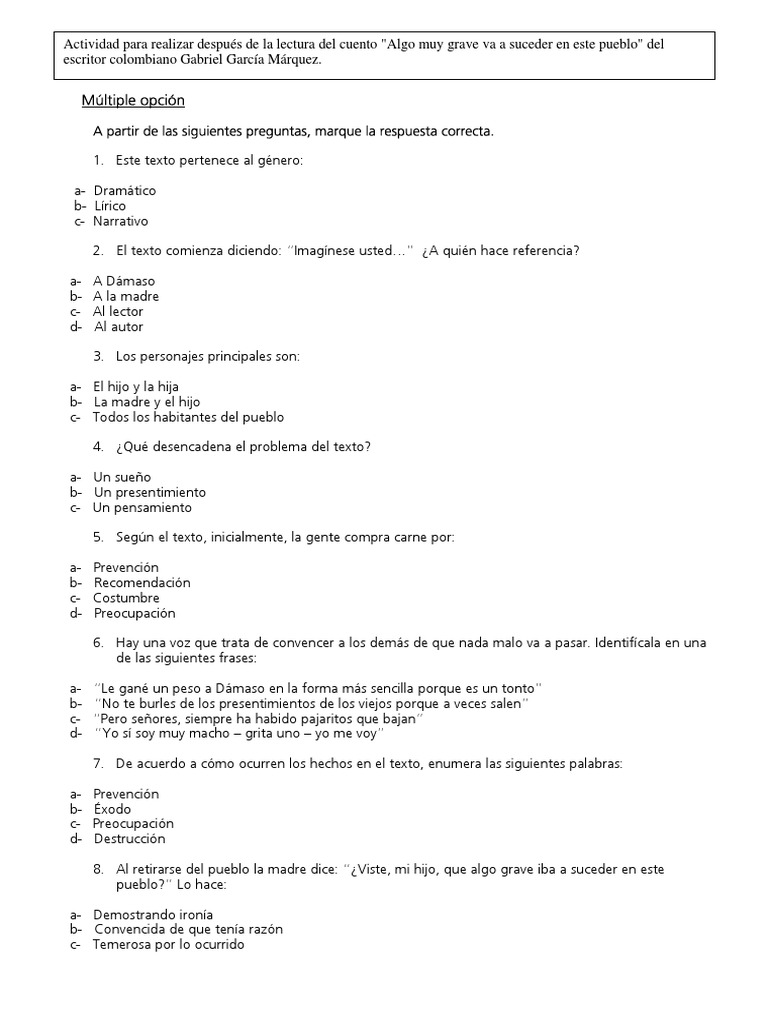 Comprensionlectora Algomuygravevaasucederenestepueblo Garcia Marquez ...