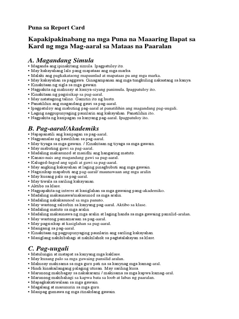 Puna Sa Report Card | PDF Puna Sa Report Card | PDF
