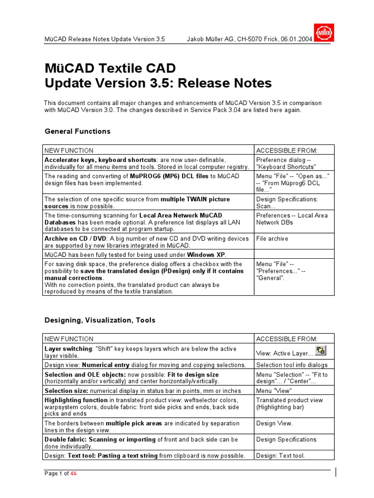 MüCAD 3.5 Release Notes Overview | PDF | Weaving | Loom