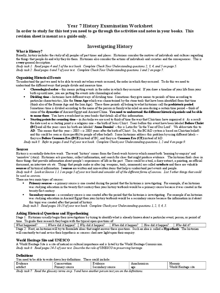 Year 7 History Examination Worksheet | Download Free PDF | Anno Domini ...