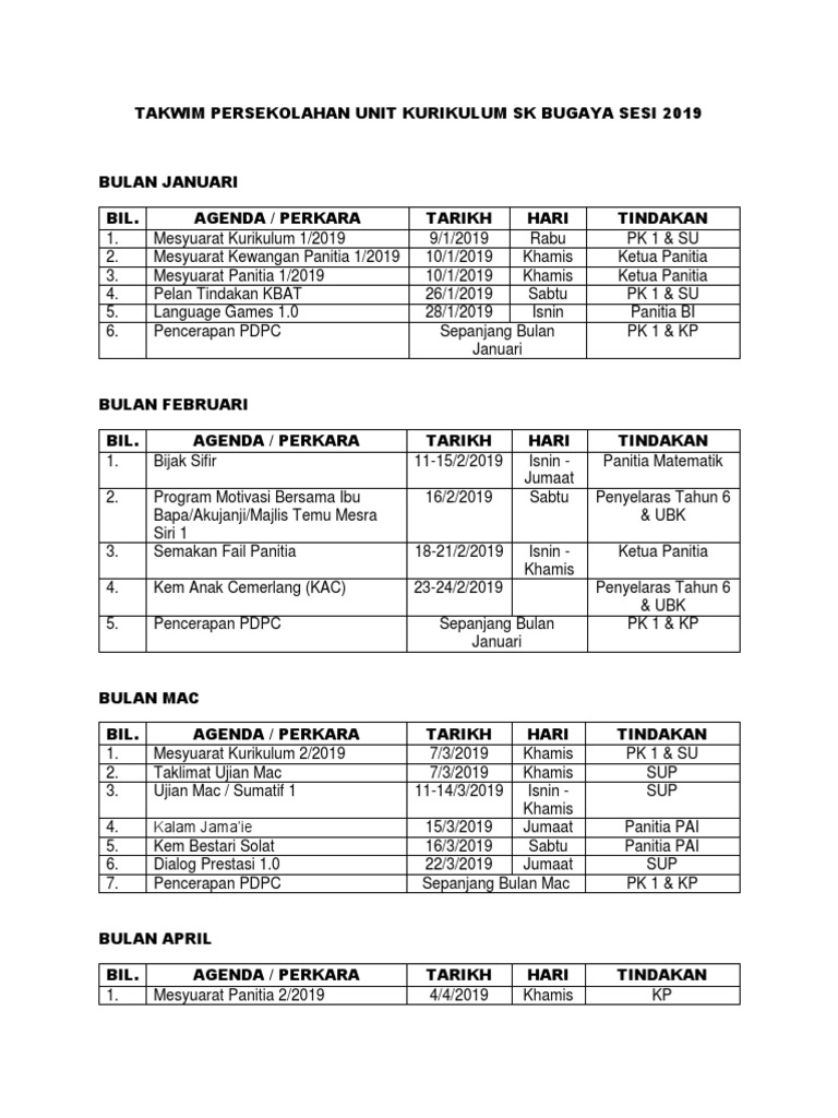 Takwim Persekolahan Unit Kurikulum SK Bugaya Sesi 2019 | PDF