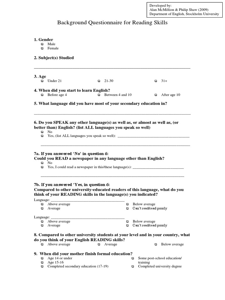 Reading Questionnaire | PDF | English Language | Change