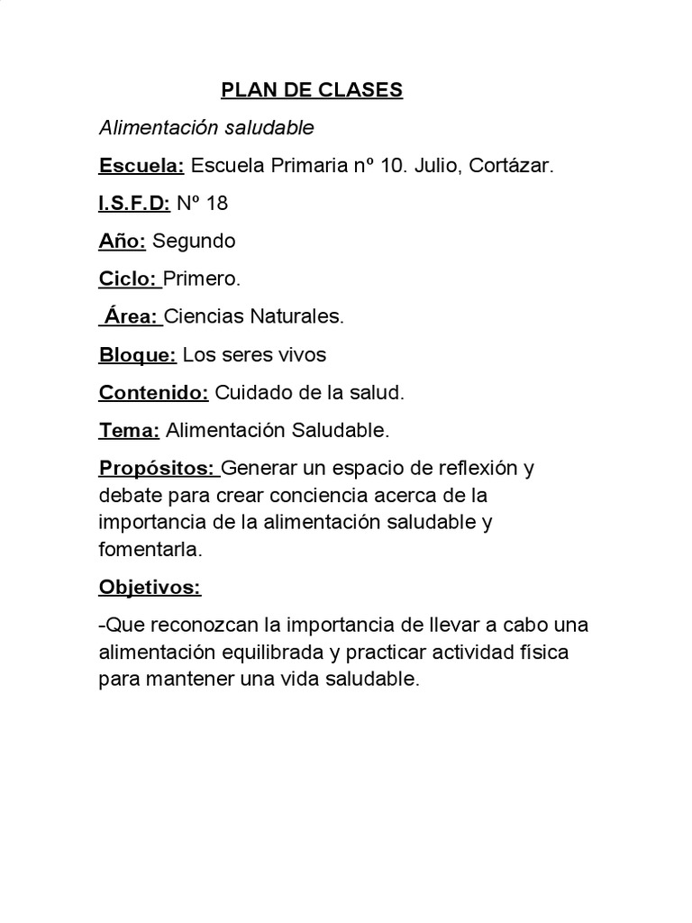 Plan de clase ALIMENTACIÓN SALUDABLE
