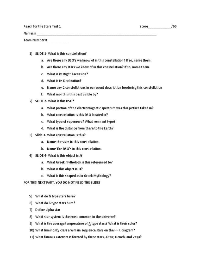 Reach for the Stars Test 1 Questions | PDF | Stars | Apparent Magnitude