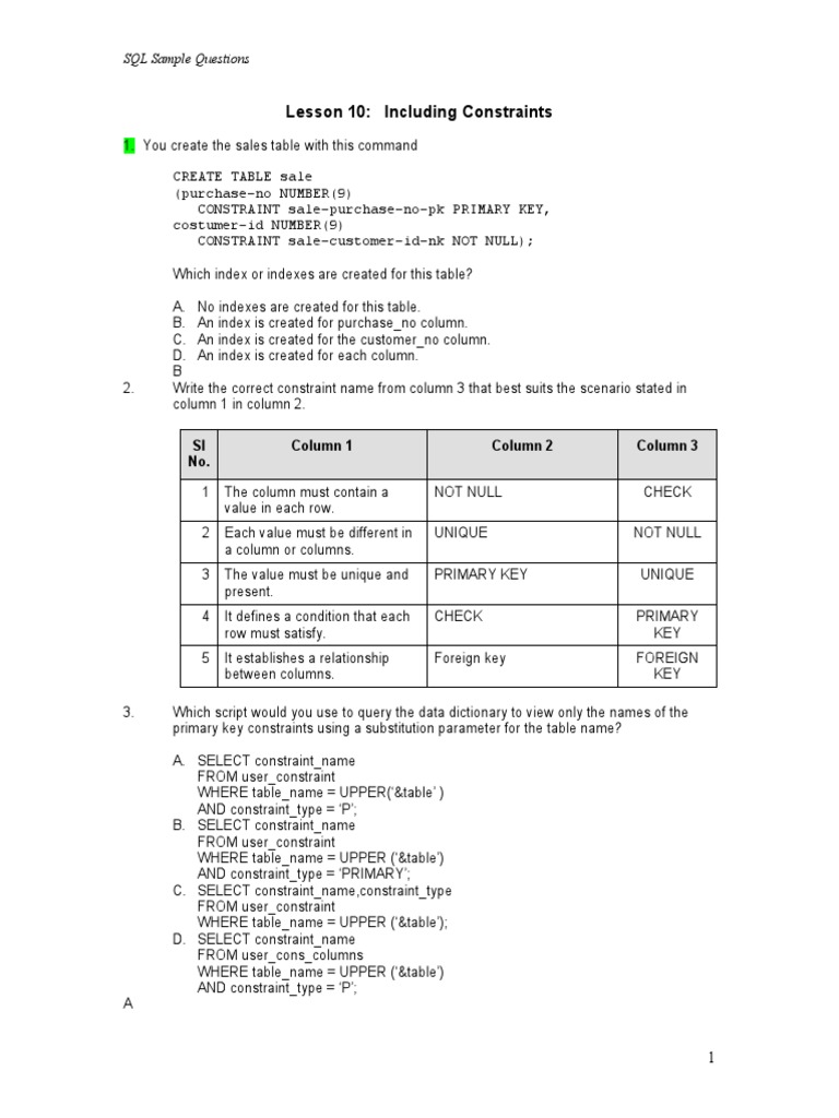 Lesson 10: Including Constraints: SQL Sample Questions | PDF | Relational Database | Database Index