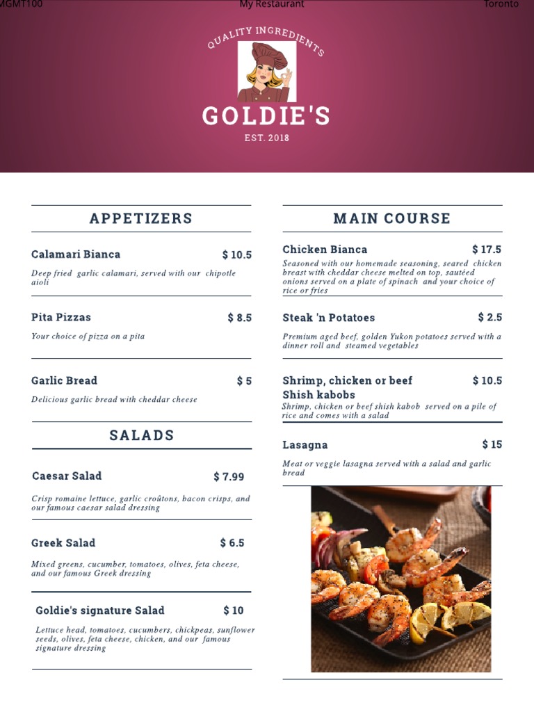 Goldies Menu | PDF | Salad | Food And Drink