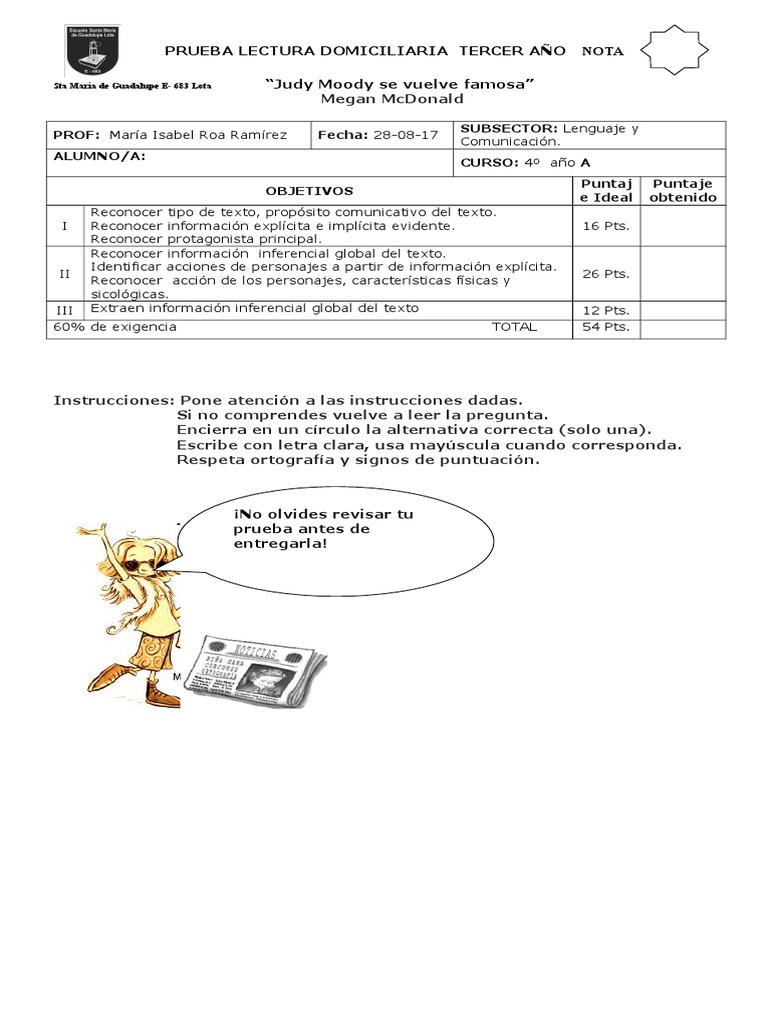 Prueba Judy Mody Se Vuelve Famosa | PDF | Lectura (proceso)