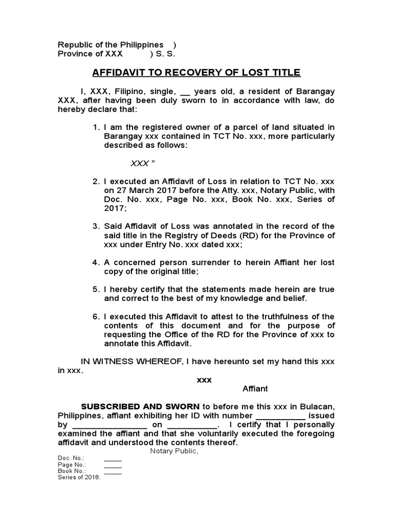 Lost Title Affidavit Recovery Pdf
