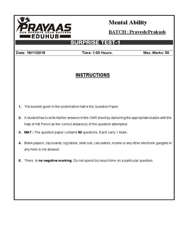 Analysis of a Surprise Test for Mental Ability | PDF | Teaching ...
