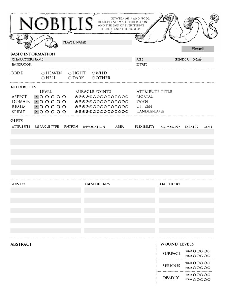 Nobilis Editable Character Sheet | PDF