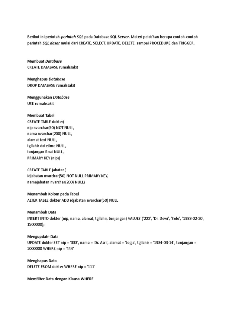 Contoh Sintak SQL Sistem Informasi RS | PDF | Metode & Bahan Ajar ...