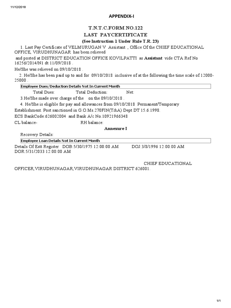 Appendix-I T.N.T.C.FORM NO.122 Last Paycertificate: Employee Dues ...
