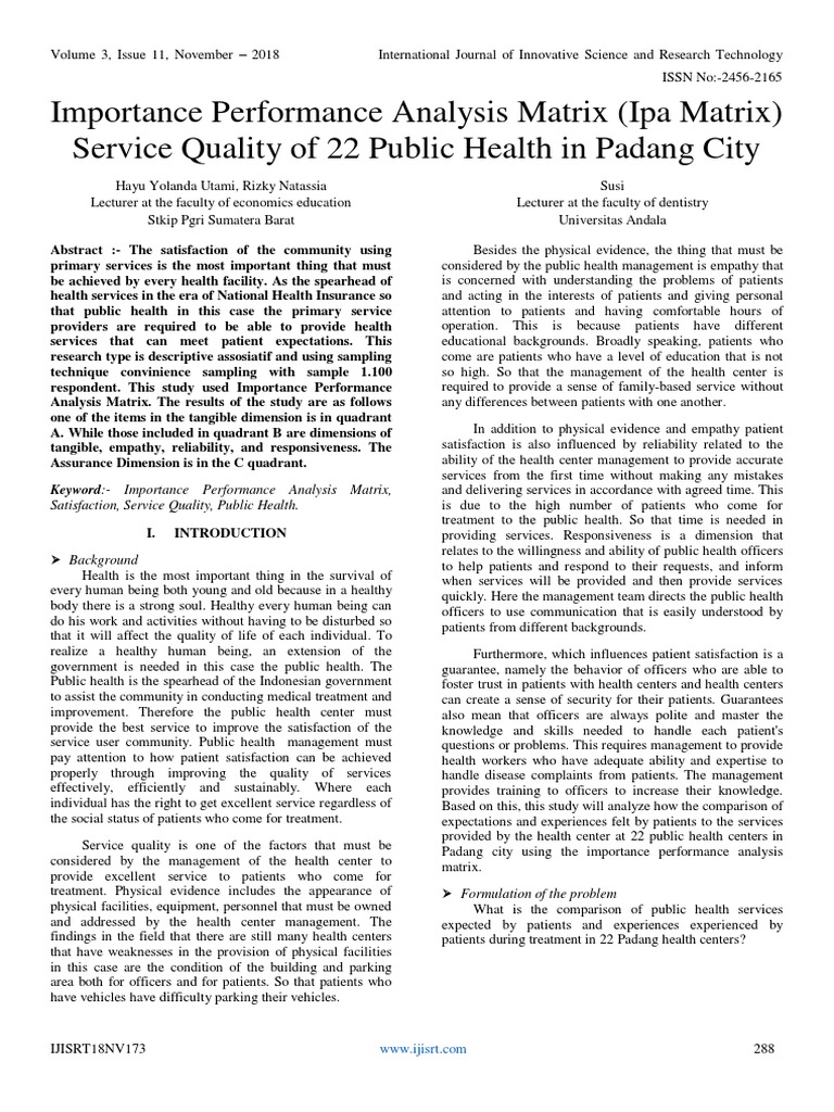 Importance Performance Analysis Matrix (Ipa Matrix) Service Quality of ...