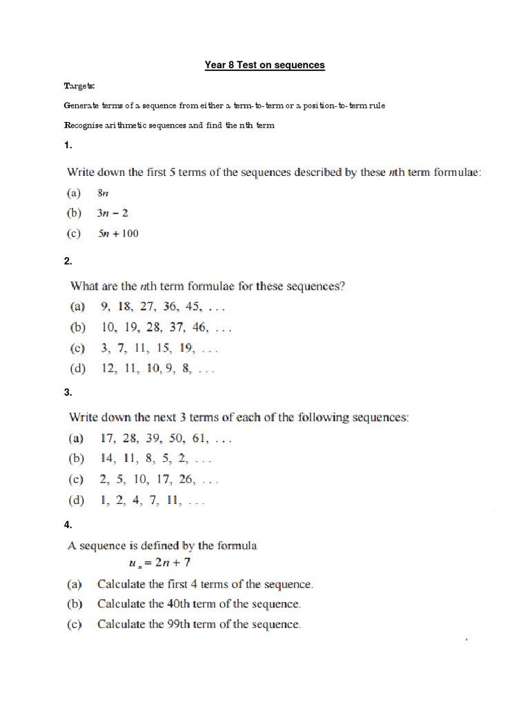 Year 8 Test On Sequences | PDF