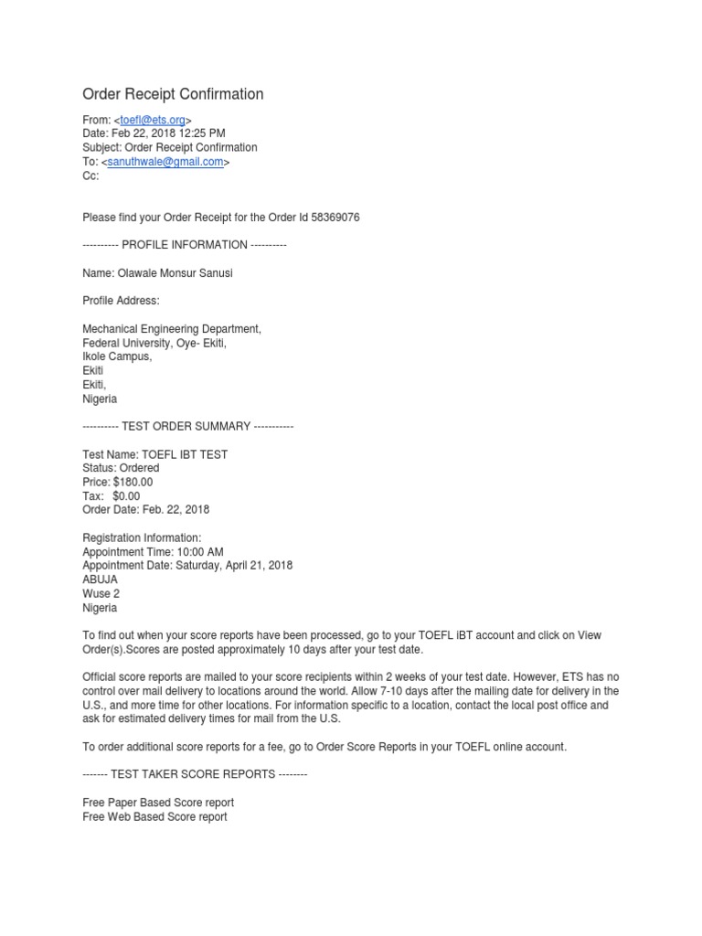 Order Receipt Confirmation | PDF