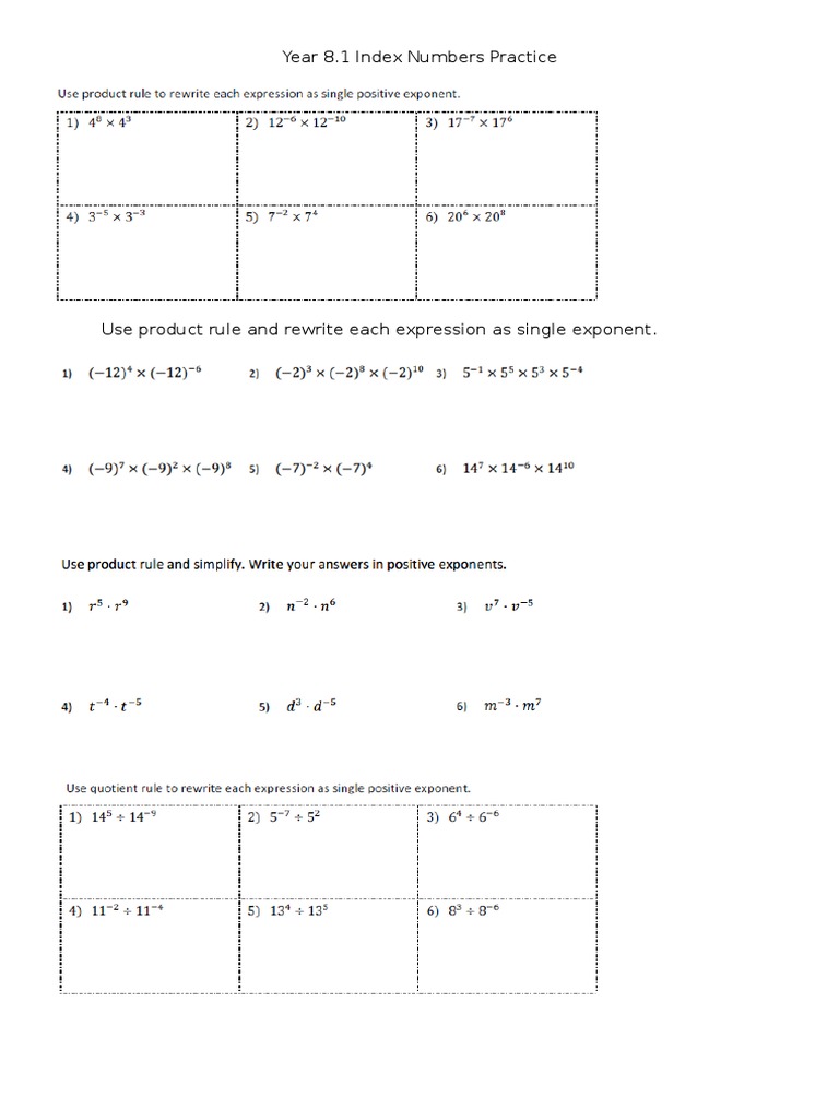 Y8 Indices Practice | PDF | Exponentiation | Mathematical Objects