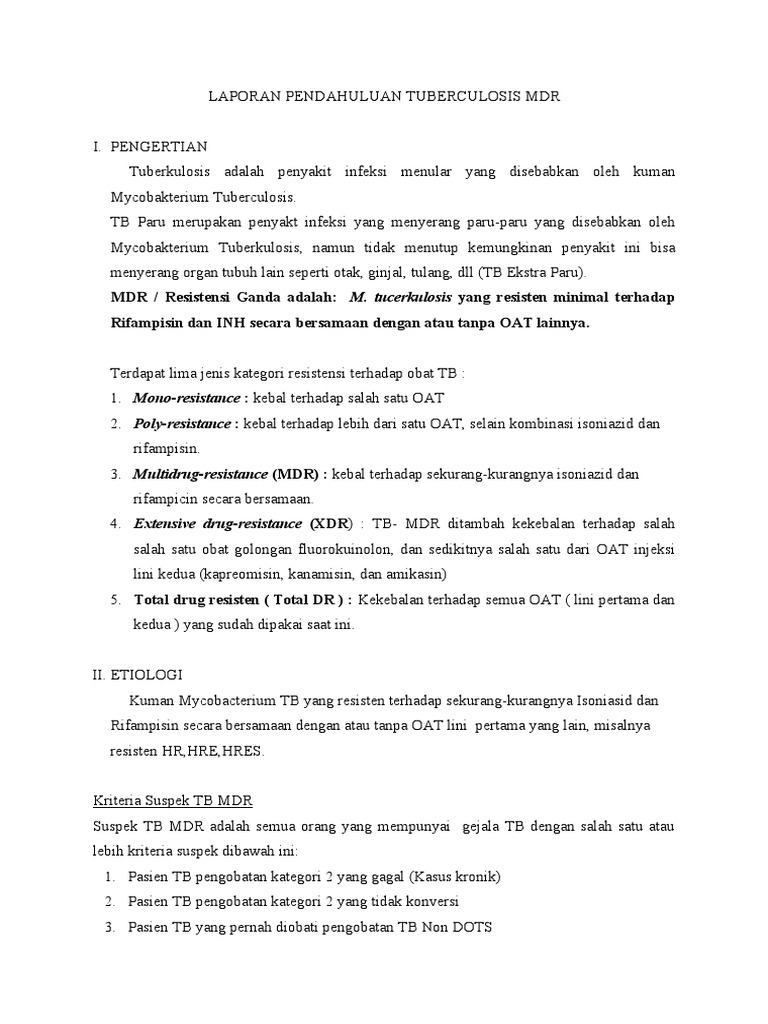 Laporan Pendahuluan Tuberculosis MDR PDF | PDF