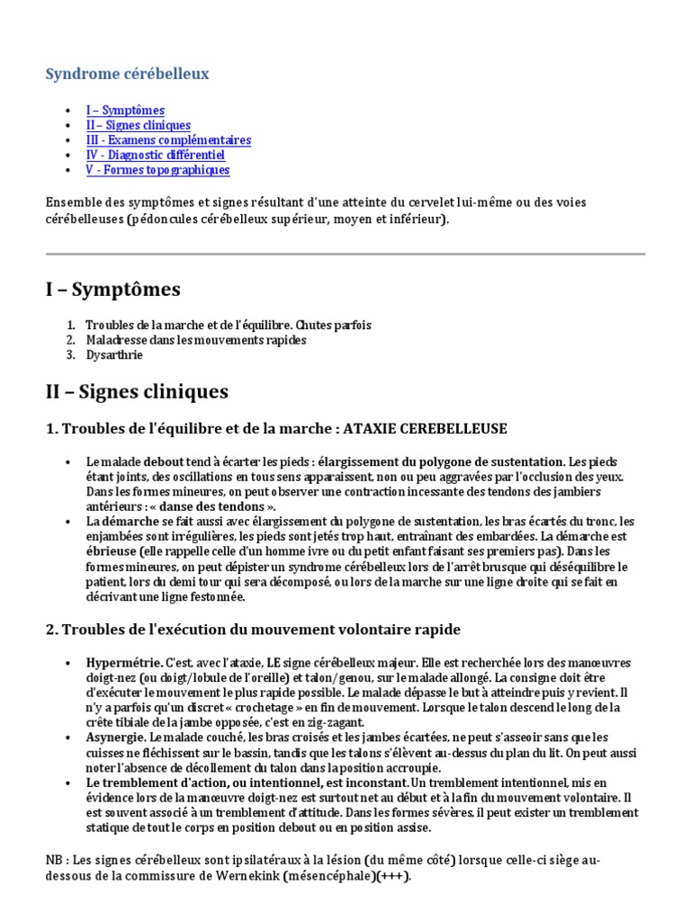 Syndrome cérébelleux : symptômes et signes | PDF | Cervelet | Médecine ...