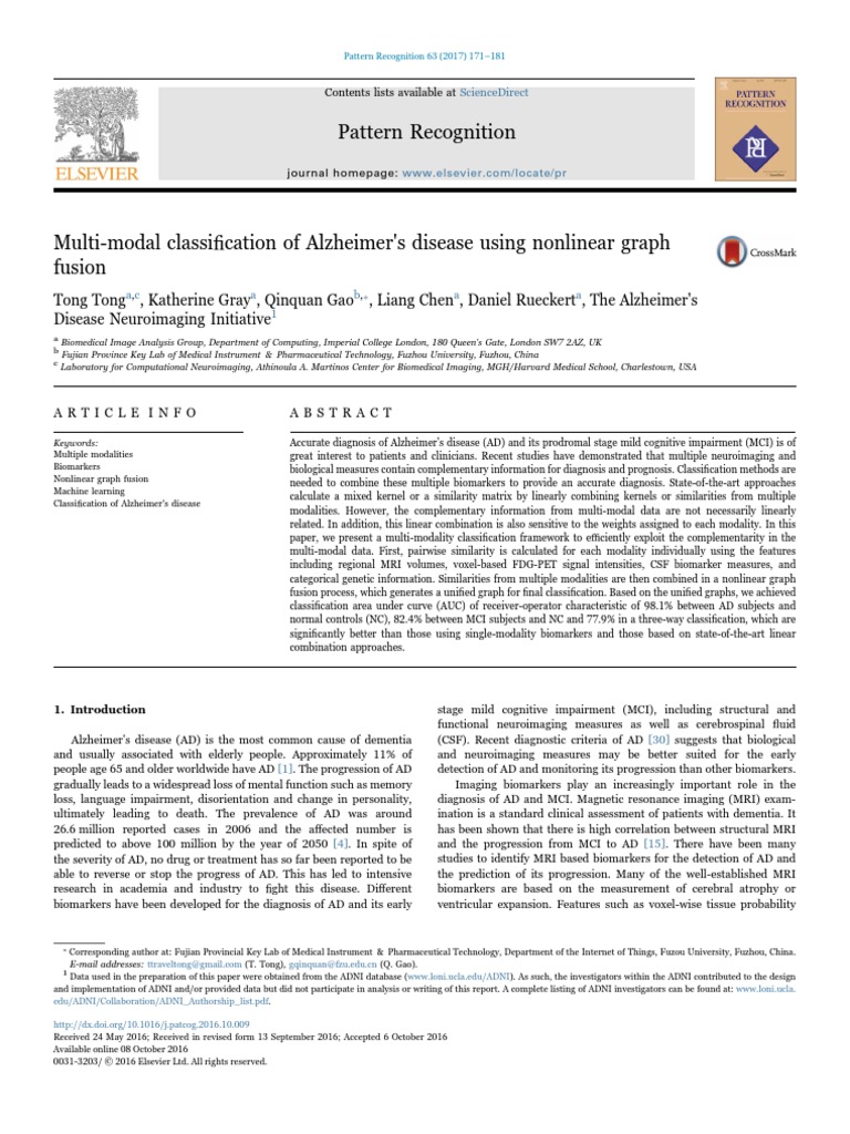 Multi Modal Classification of Alzheimer S Disease Using N 2017 Pattern Recog | PDF | Medical ...