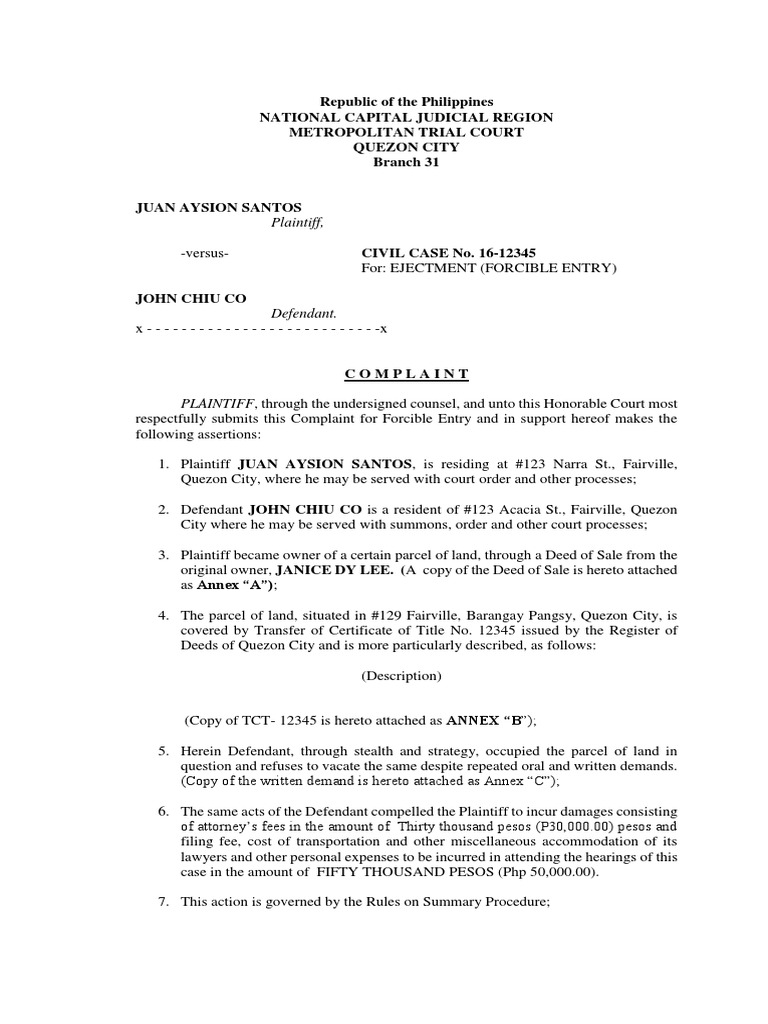 2 333873582-Complaint-Forcible-Entry | PDF | Lawsuit | Courts