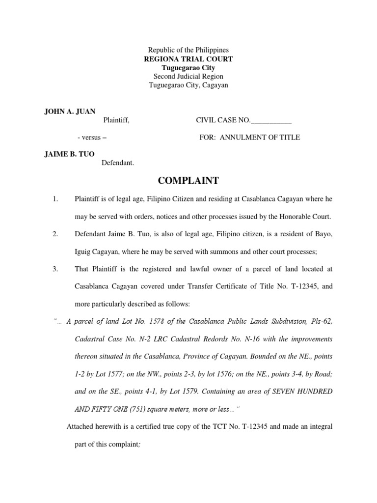 Annulment of Title Complaint in Cagayan | PDF | Lawsuit | Complaint