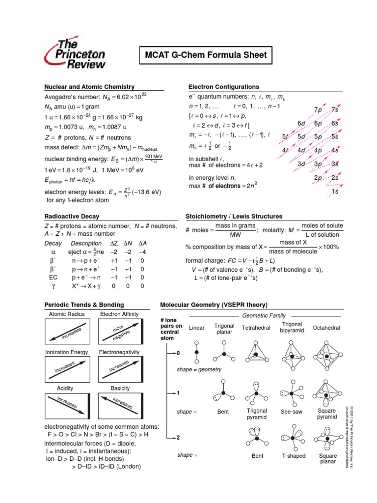 16 MCAT G Chem Formula Sheet PDF | Download Free PDF | Electronvolt ...