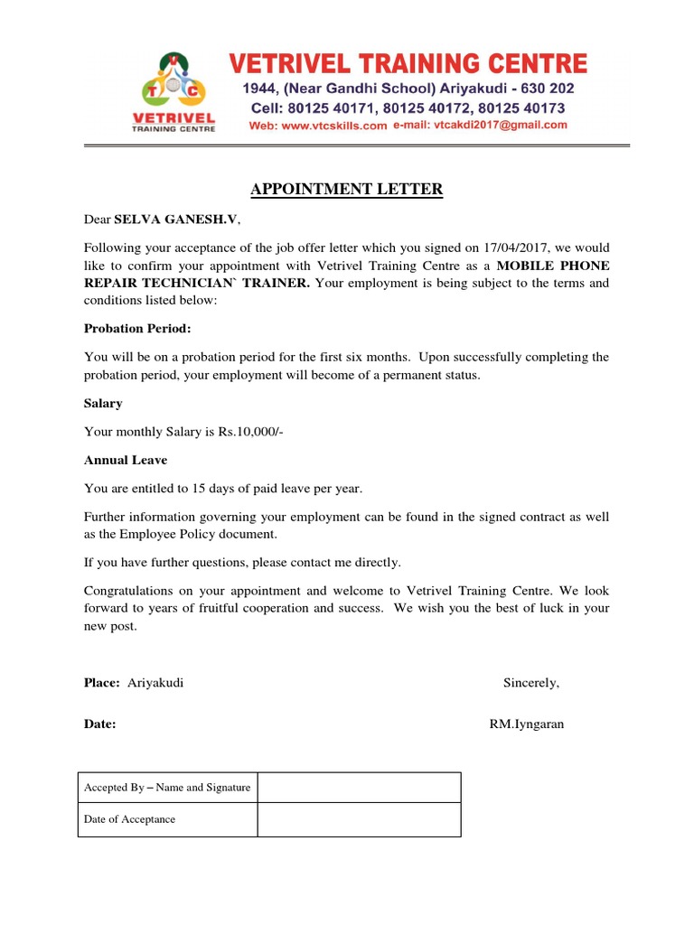 Appointment Letter: REPAIR TECHNICIAN' TRAINER. Your Employment Is ...