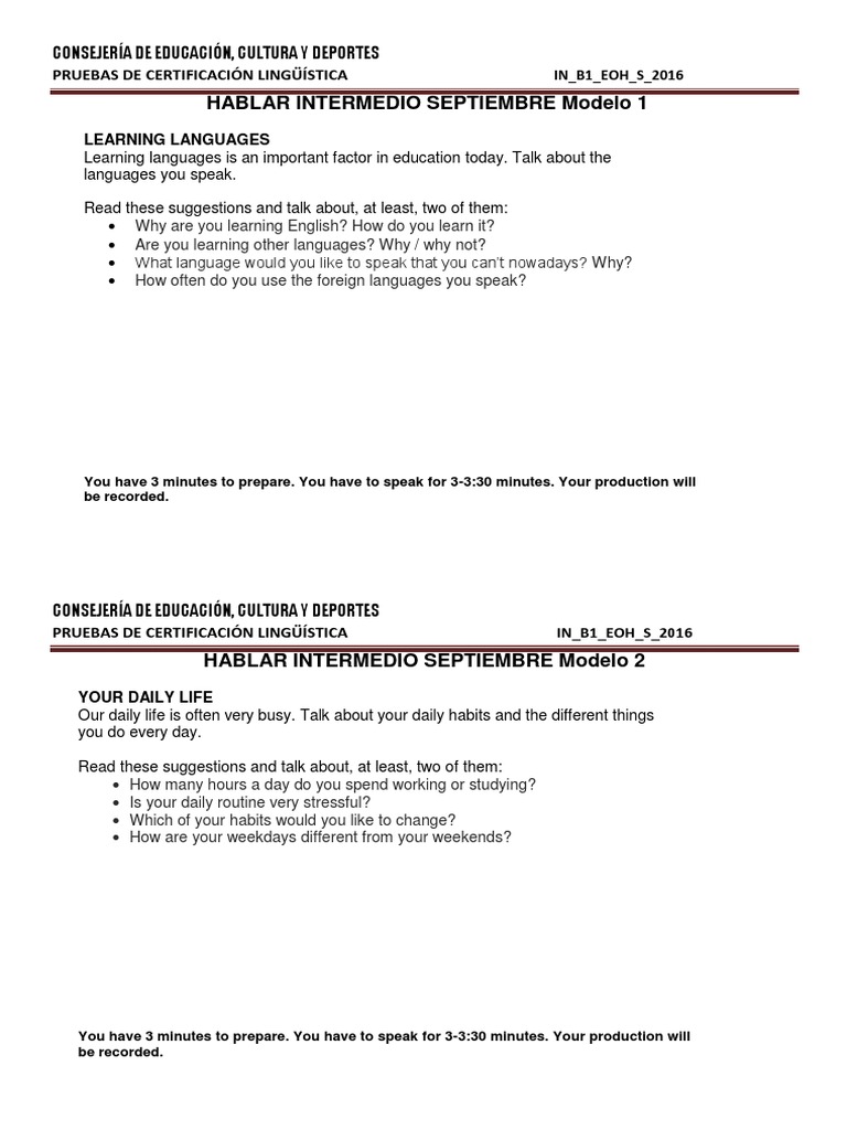 Inglés Intermedio-B1. Expresión Oral. | PDF | Comunicación