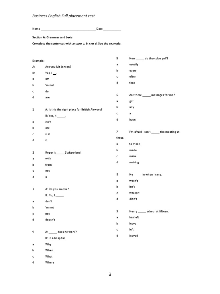 Business English placement test | PDF | Negotiation | Business