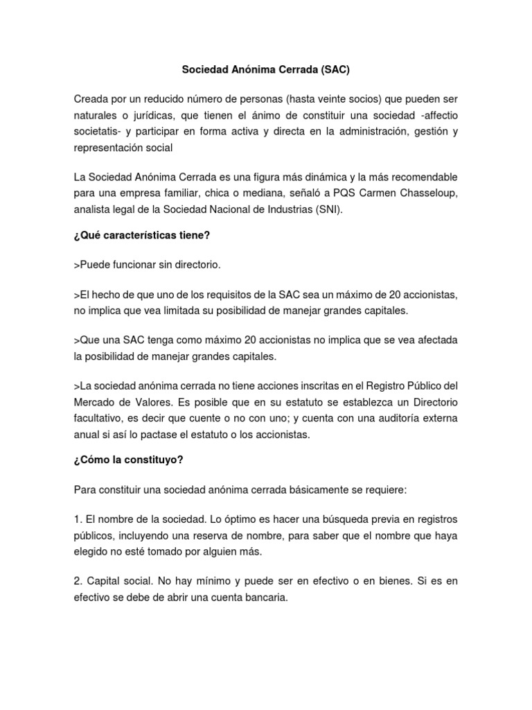 Características de la Sociedad Anónima Cerrada | PDF | Derecho ...