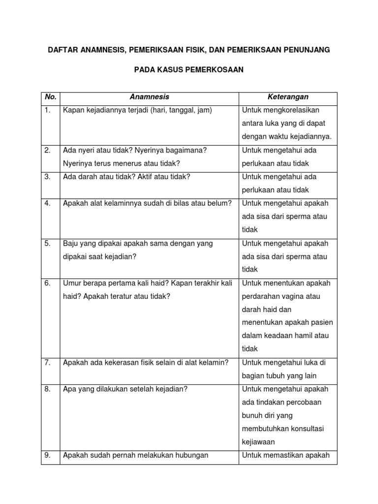 Daftar Anamnesis Dan Pemfis Pada Kasus Pemerkosaan | PDF