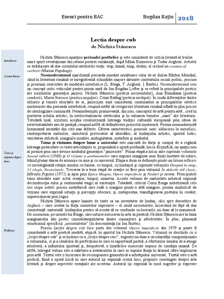 Nichita Stănescu: Lecția despre Cub | PDF | Classics
