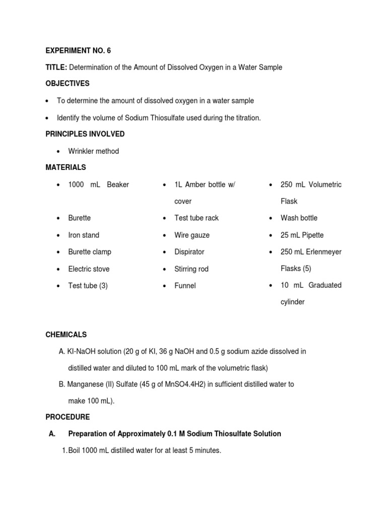 Experiment No. 6 TITLE: Determination of The Amount of Dissolved Oxygen ...