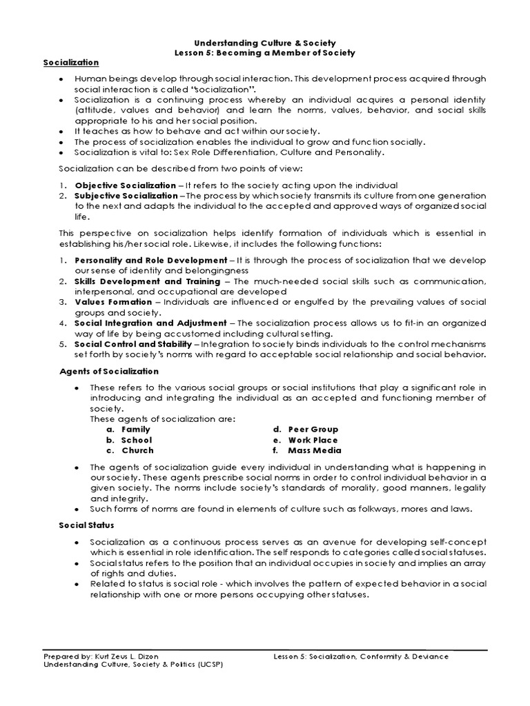 UCSP 5 Socialization | Deviance (Sociology) | Socialization