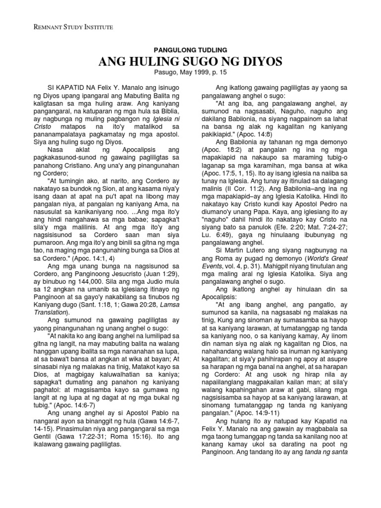 (INC) Pasugo May 1999 (Ang Huling Sugo NG Diyos - Cf. Apoc. 14) | PDF